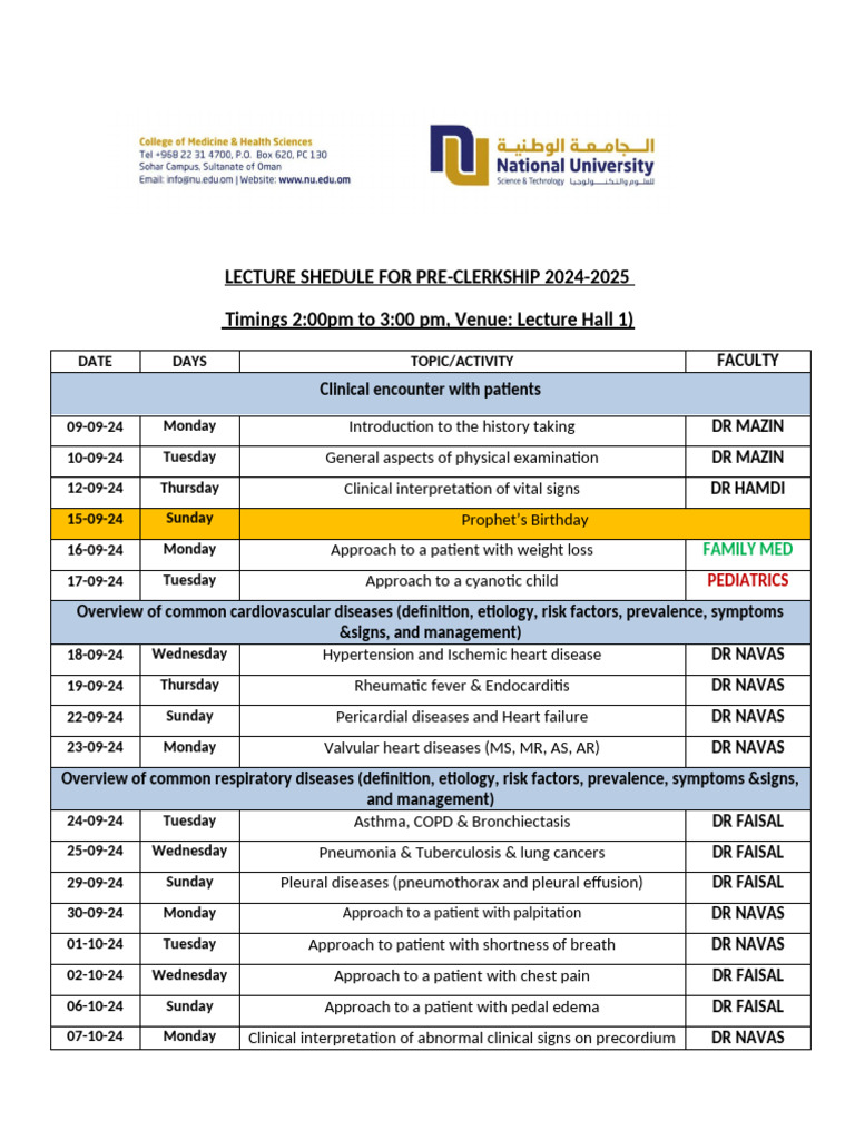Lecture Schedule Preclerkship - Till 13 Nov 2024 | PDF | Respiratory ...