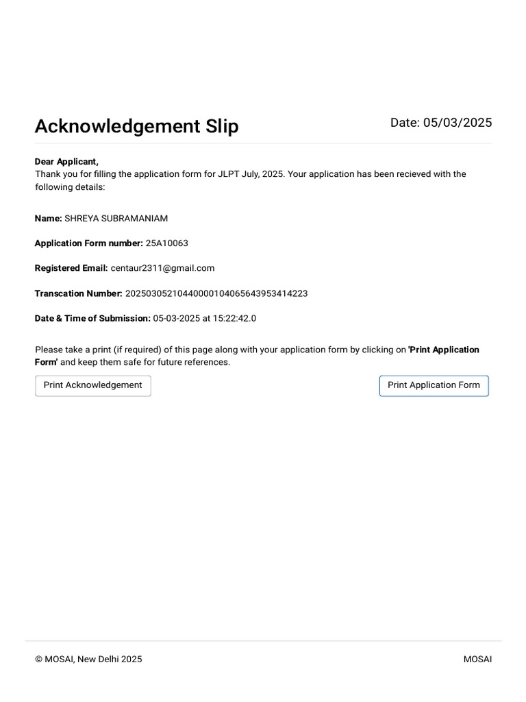 JLPT Application Form Acknowledgement | PDF