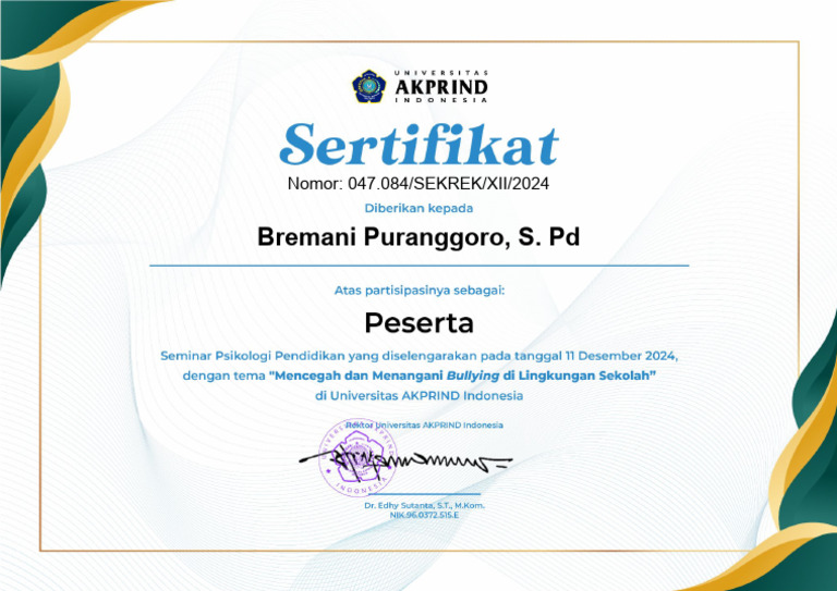 Sertifikat Seminar Psikologi Pendidikan - Bremani Puranggoro, S. PD | PDF