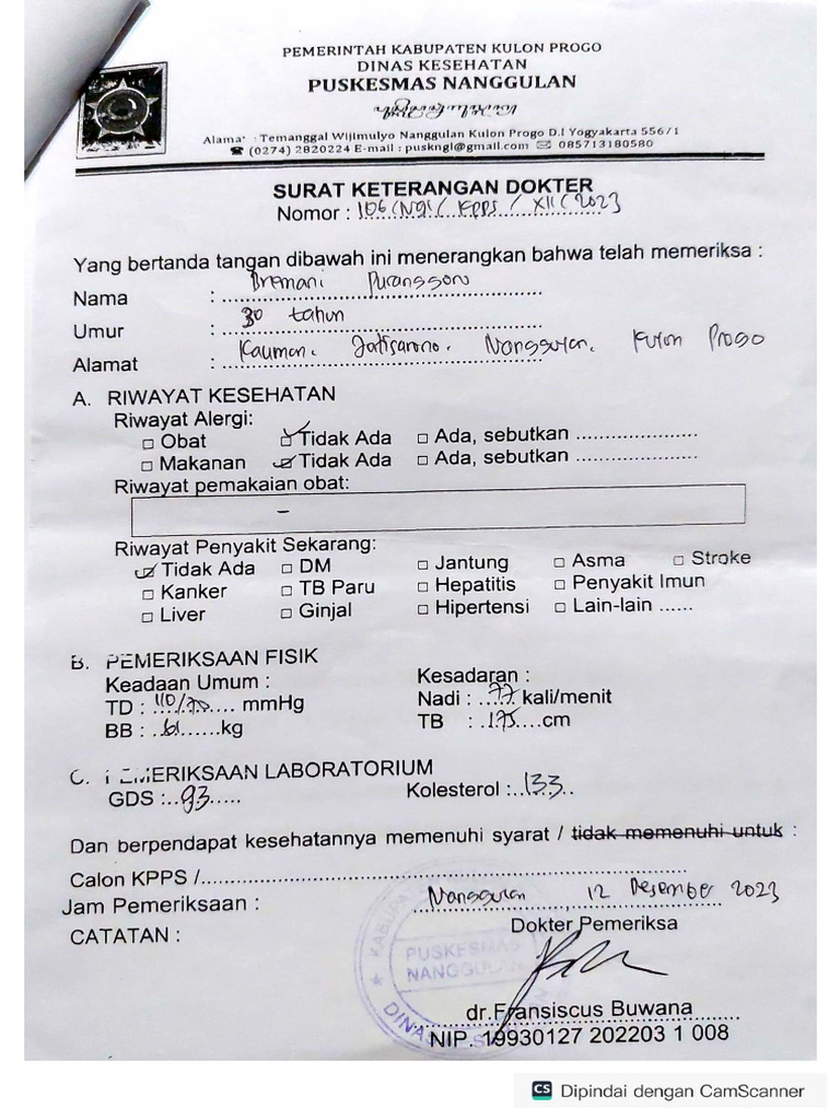 TPS 11 Bremani Puranggoro - Ket Dokter | PDF