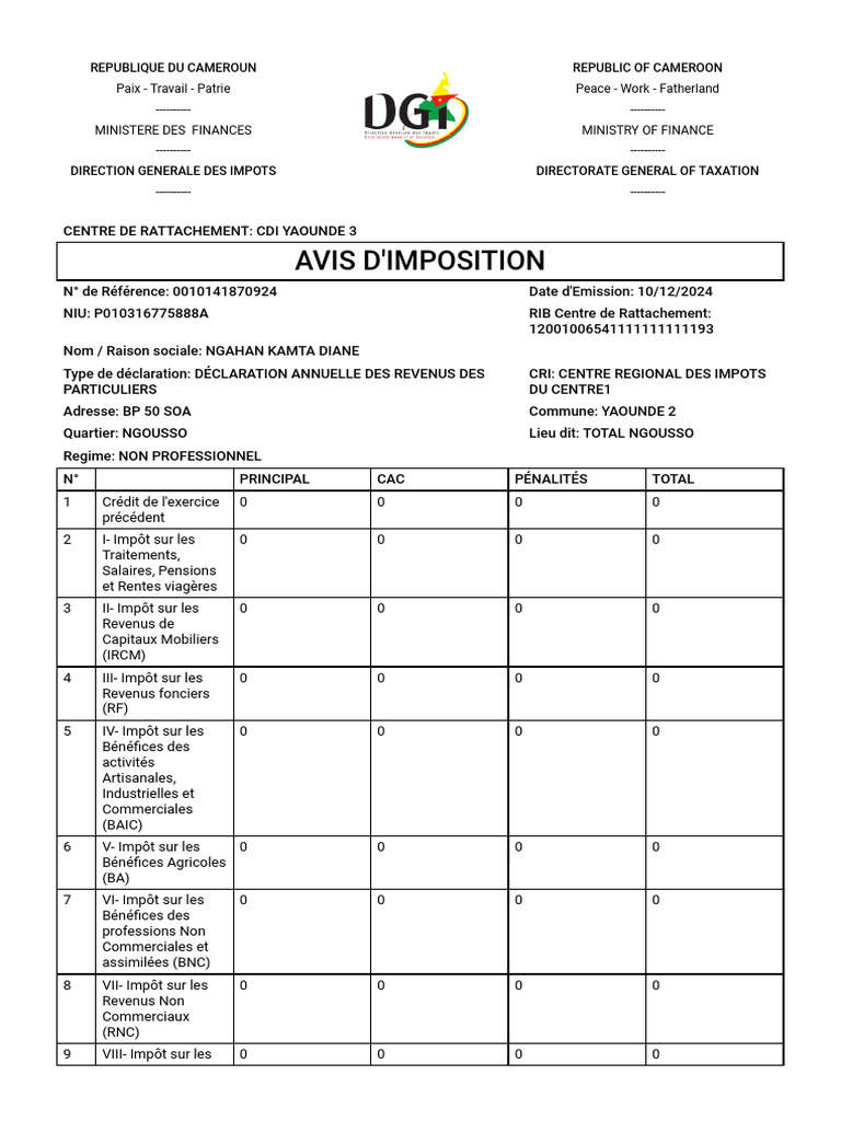 Kamta Diane Avis D'imposition | PDF | Impôt sur le revenu | Impôts