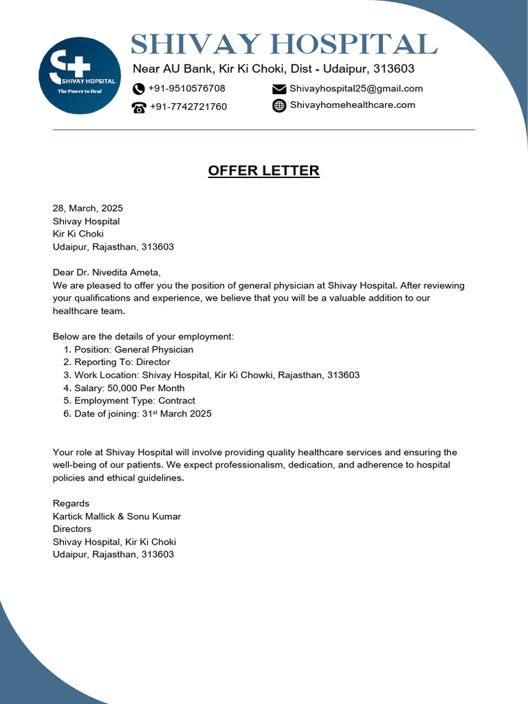 Offer Letter for General Physician Position | PDF | Hospital | Health Care