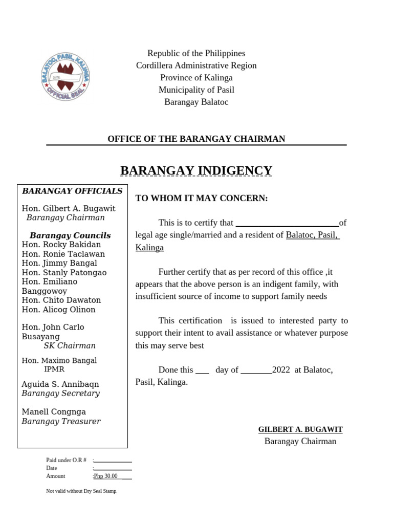 Barangay Indigency Certification | PDF