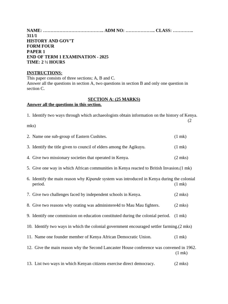 History & Government F4 PP1 QS | PDF | Kenya | Africa