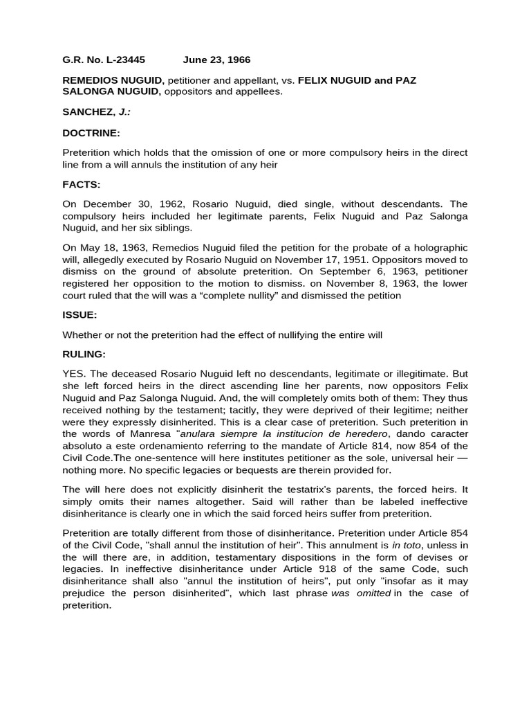 Preterition in Rosario Nuguid's Will | PDF | Private Law | Common Law