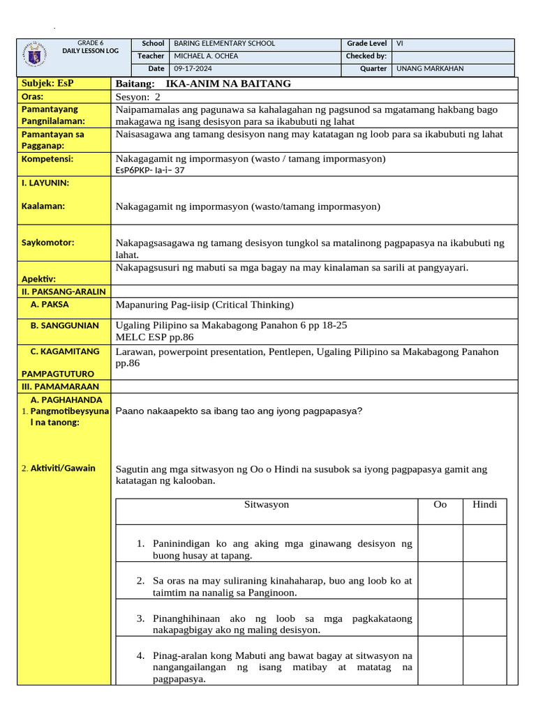 EsP6 - Lesson Plan - Q1 - W2 | PDF