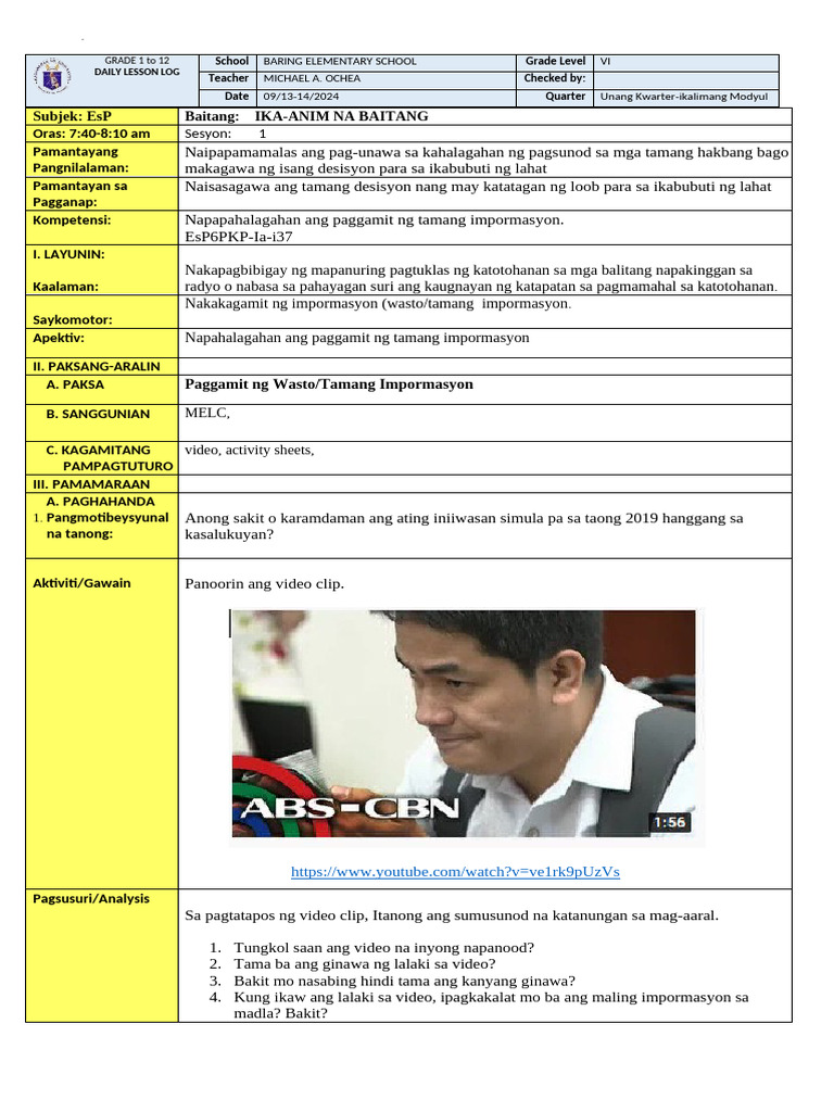 Esp6 Lesson Plan Q1 W5 Pdf