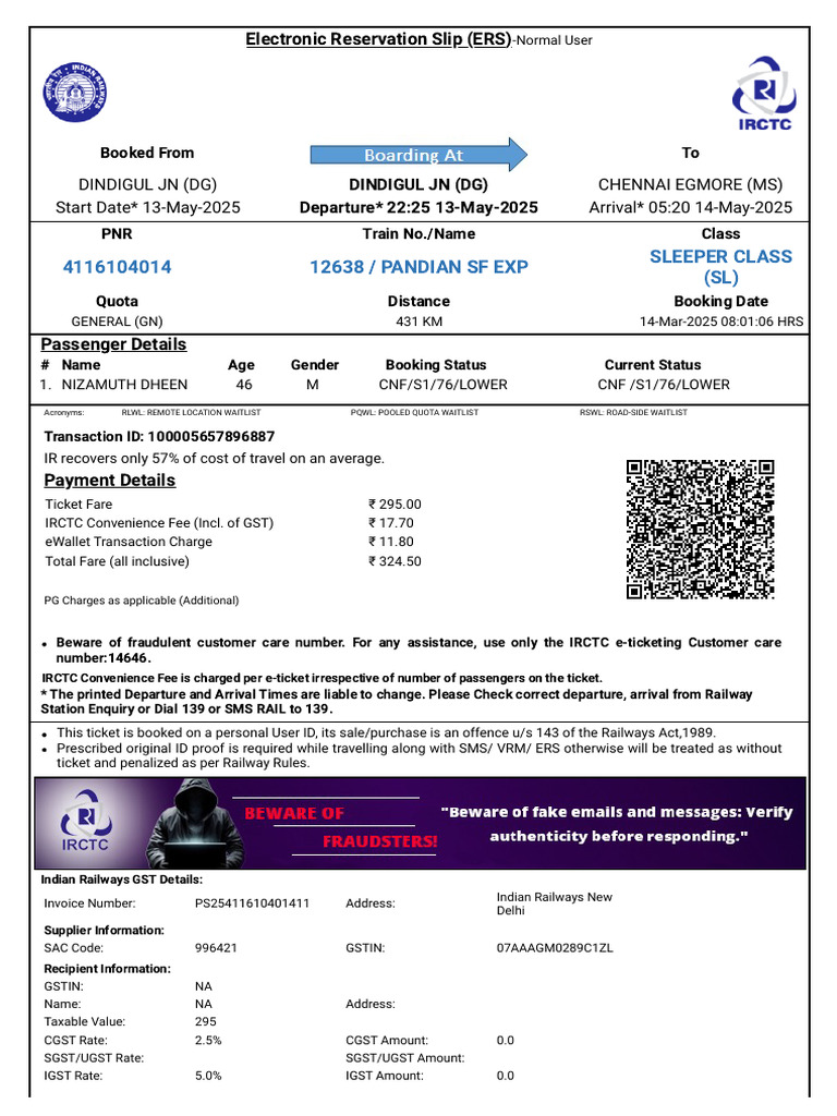 Indian Railways E-Ticket Booking Details | PDF | Identity Document
