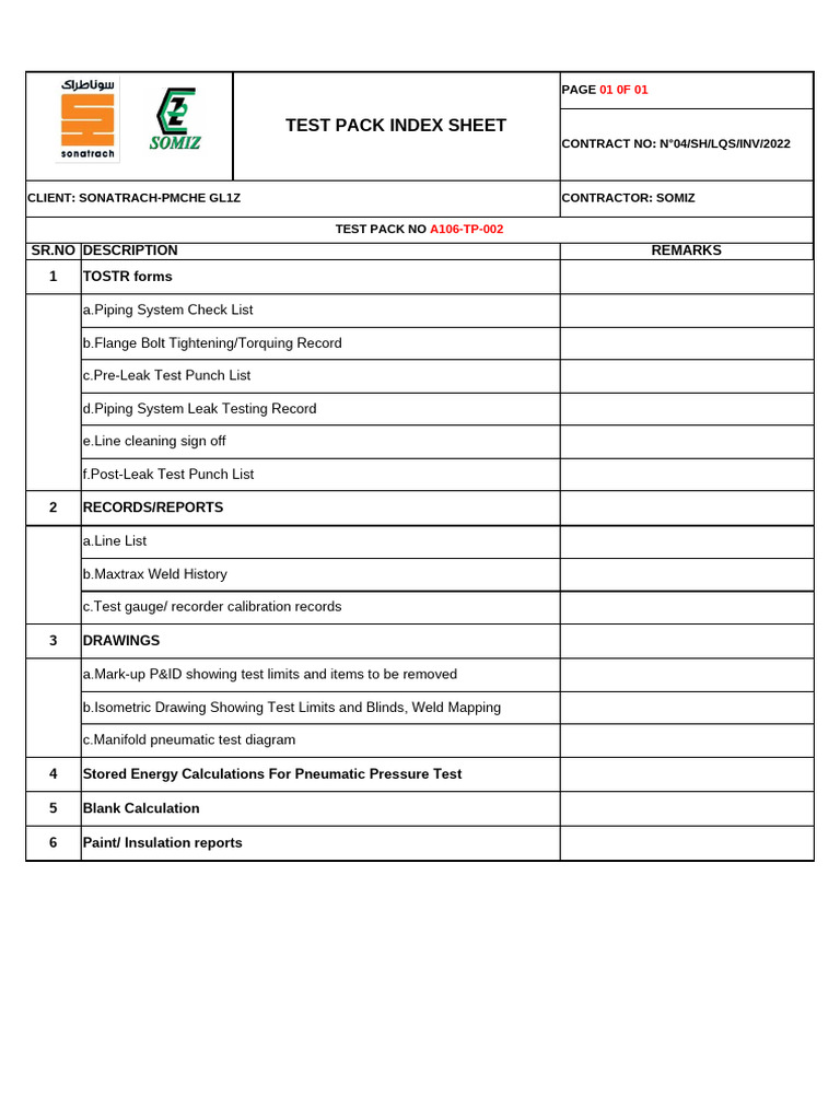 01-Test Pack Index Sheet | PDF