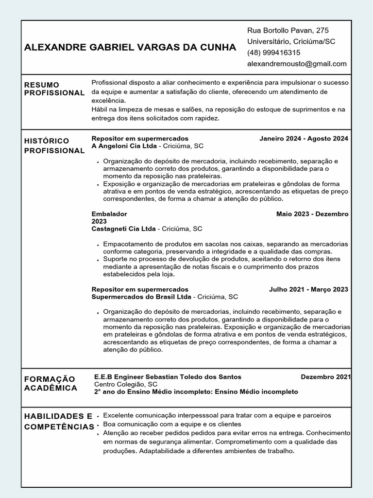 Curriculo Alexandre Gabriel | PDF | Supermercado