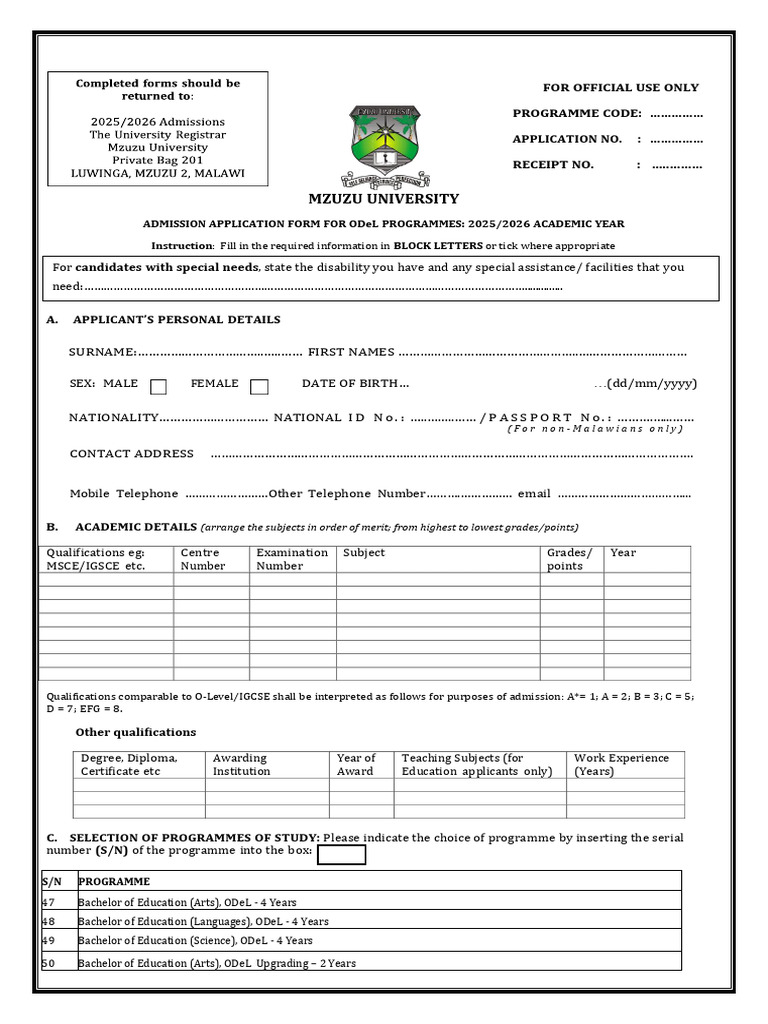 Mzuzu University ODeL Application 2025 | PDF | Vocational Education ...