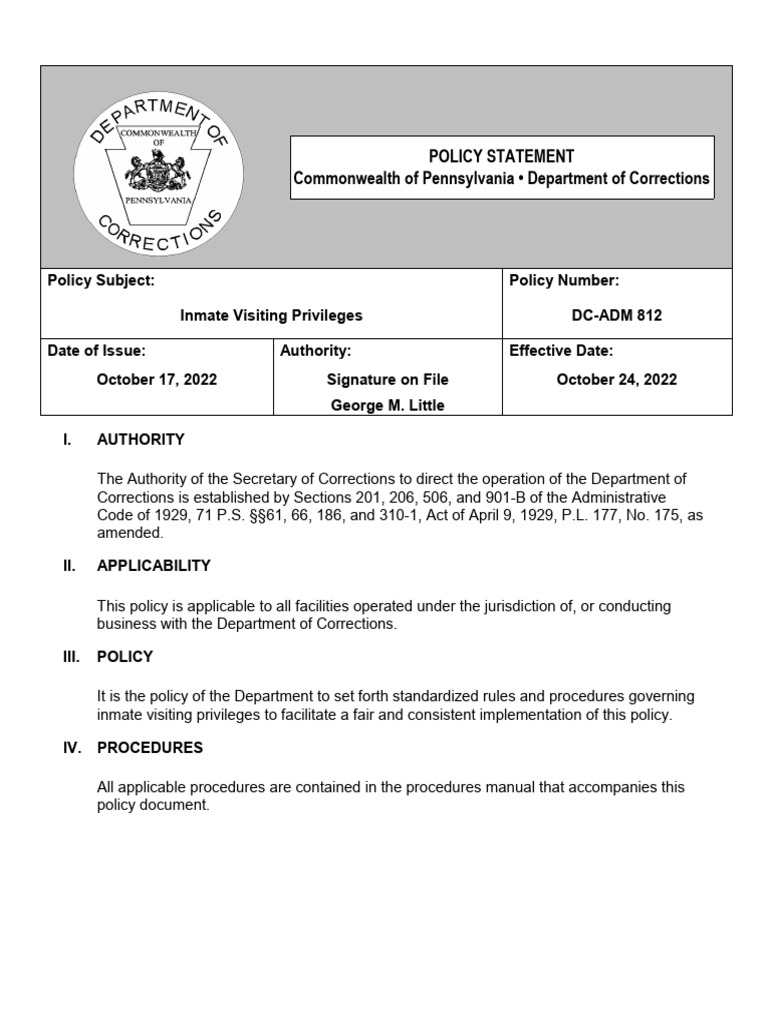 812 Inmate Visiting Privileges | PDF | Identity Document | Parole