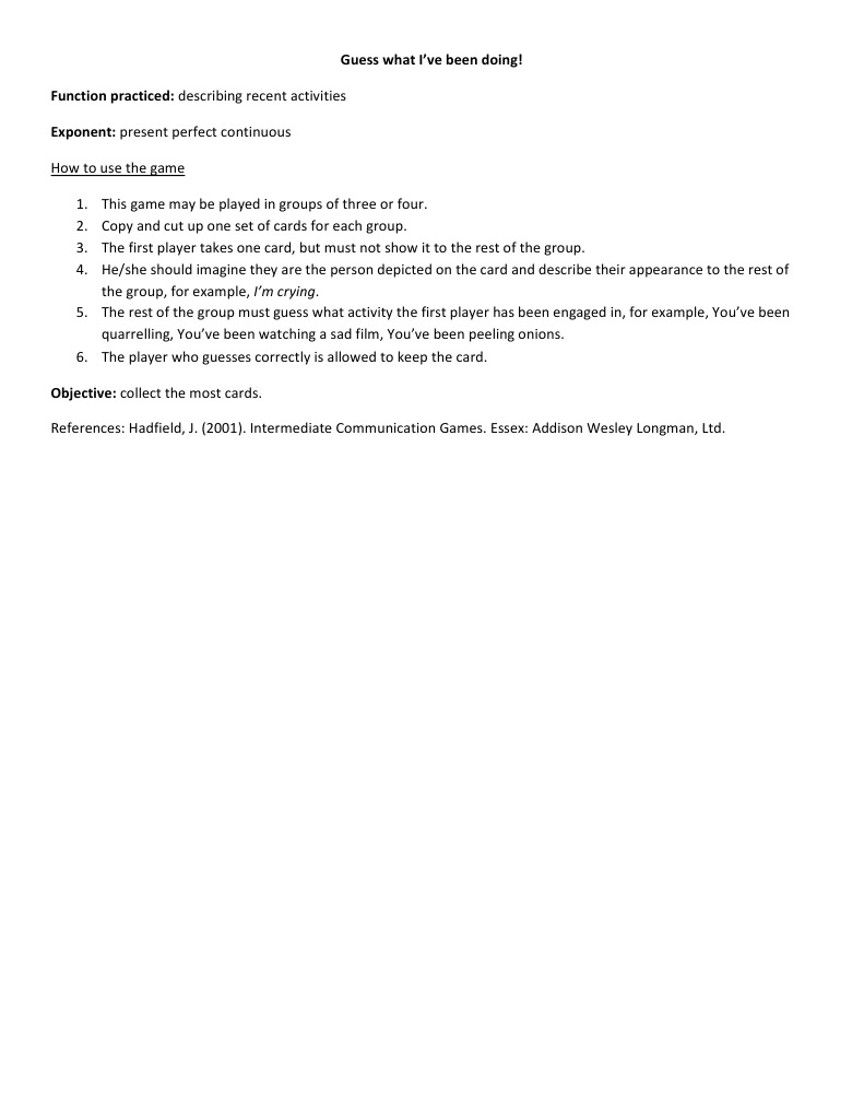 Present Perfect Continuous Guessing Game | PDF | Games & Activities