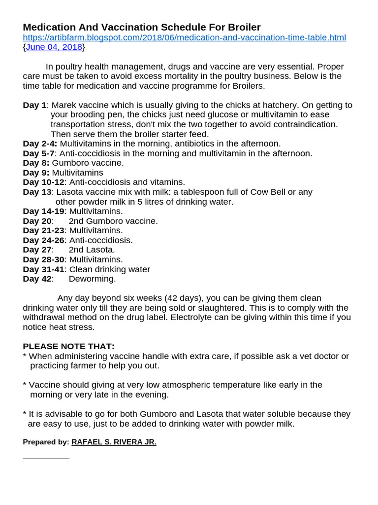 Medication and Vaccination Schedule For Broiler | PDF