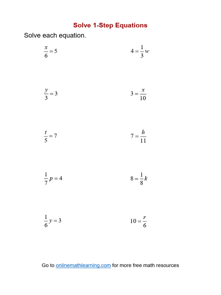 1 Step Equation Multiply Divide Worksheet | PDF