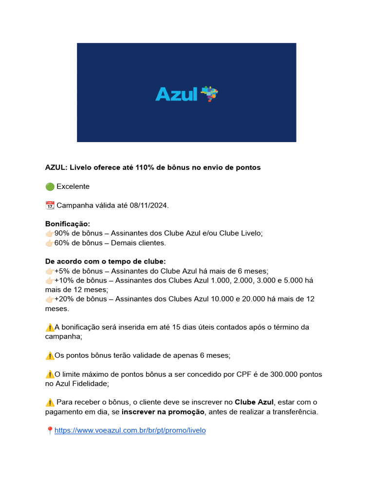 AZUL - Livelo Oferece Até 110% de Bônus No Envio de Pontos | PDF