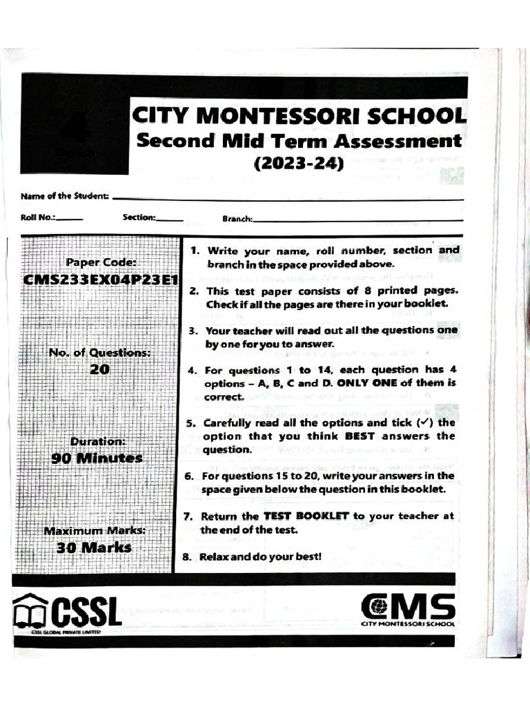 English Mid Term 2 (Class 4) | PDF