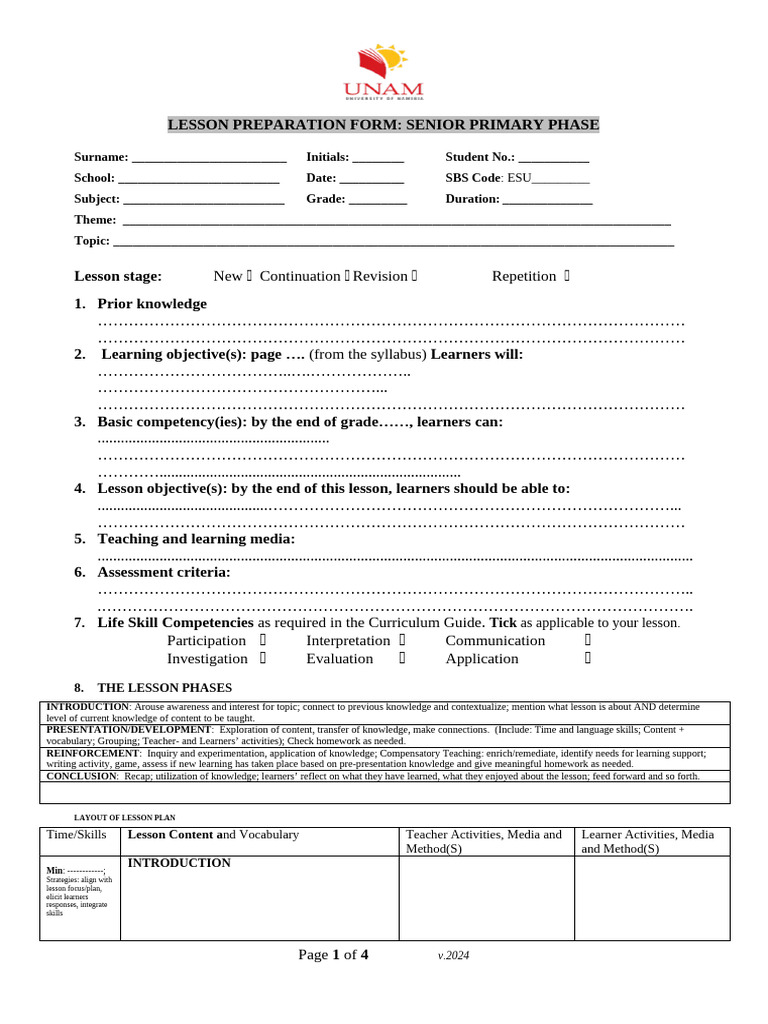 LESSON PREPARATION FORM Senior Primary | PDF | Learning | Lesson Plan