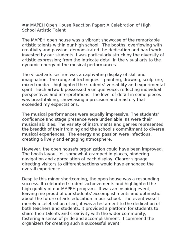 MAPEH Open House Reaction Paper | PDF