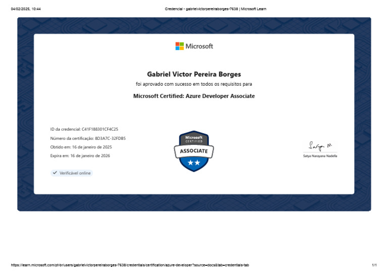 Gabriel Borges: Certificação Azure Developer | PDF