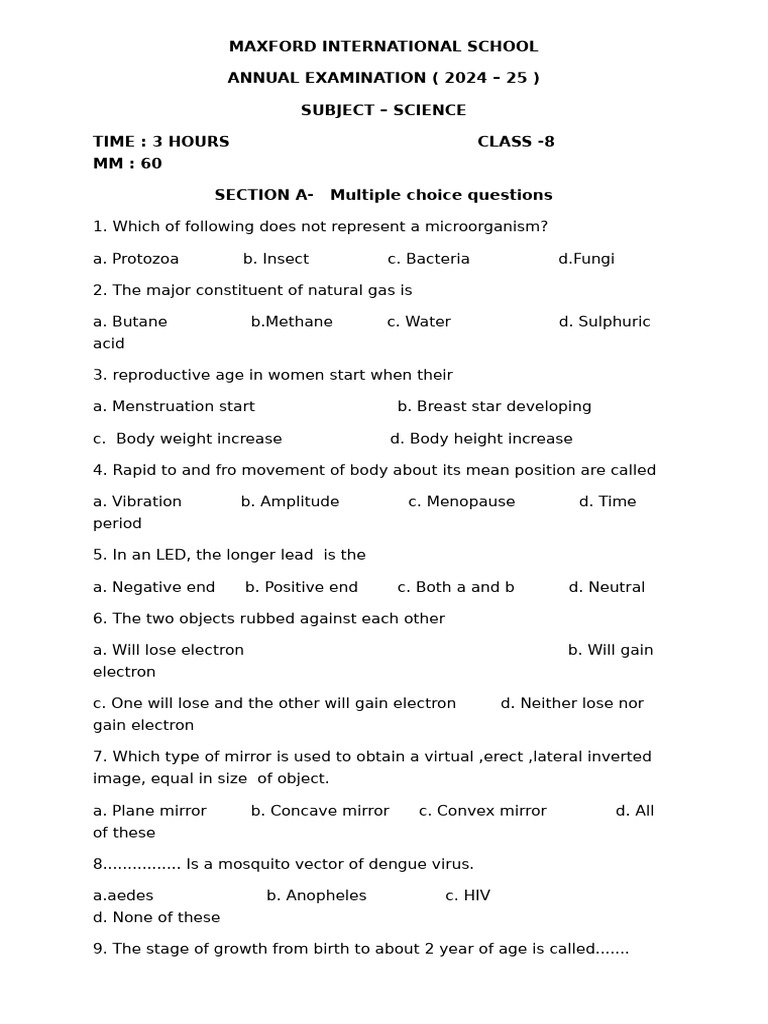 Class 8 Science Question Paper 2024 | PDF | Ion | Menstruation