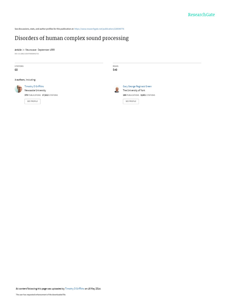 Disorders of Human Complex Sound Processing | PDF | Sound | Hearing Loss