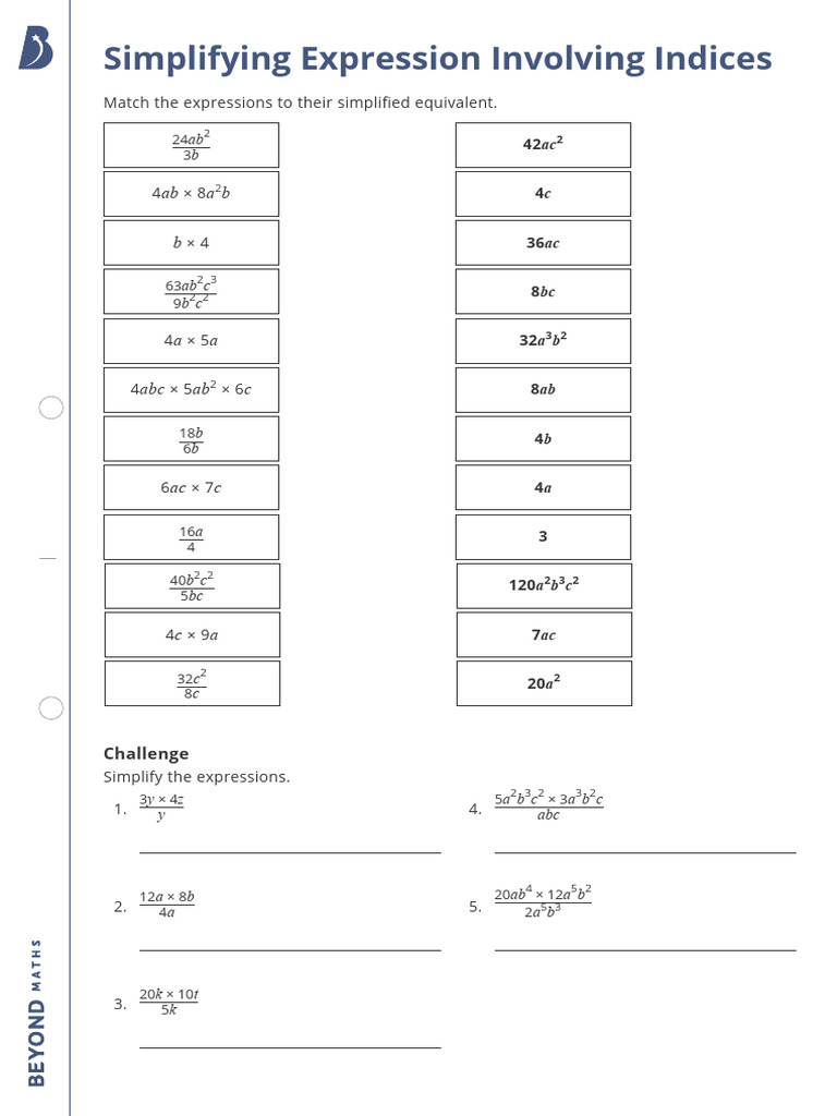 Simplifying Expressions Involving Indices - Worksheet | PDF