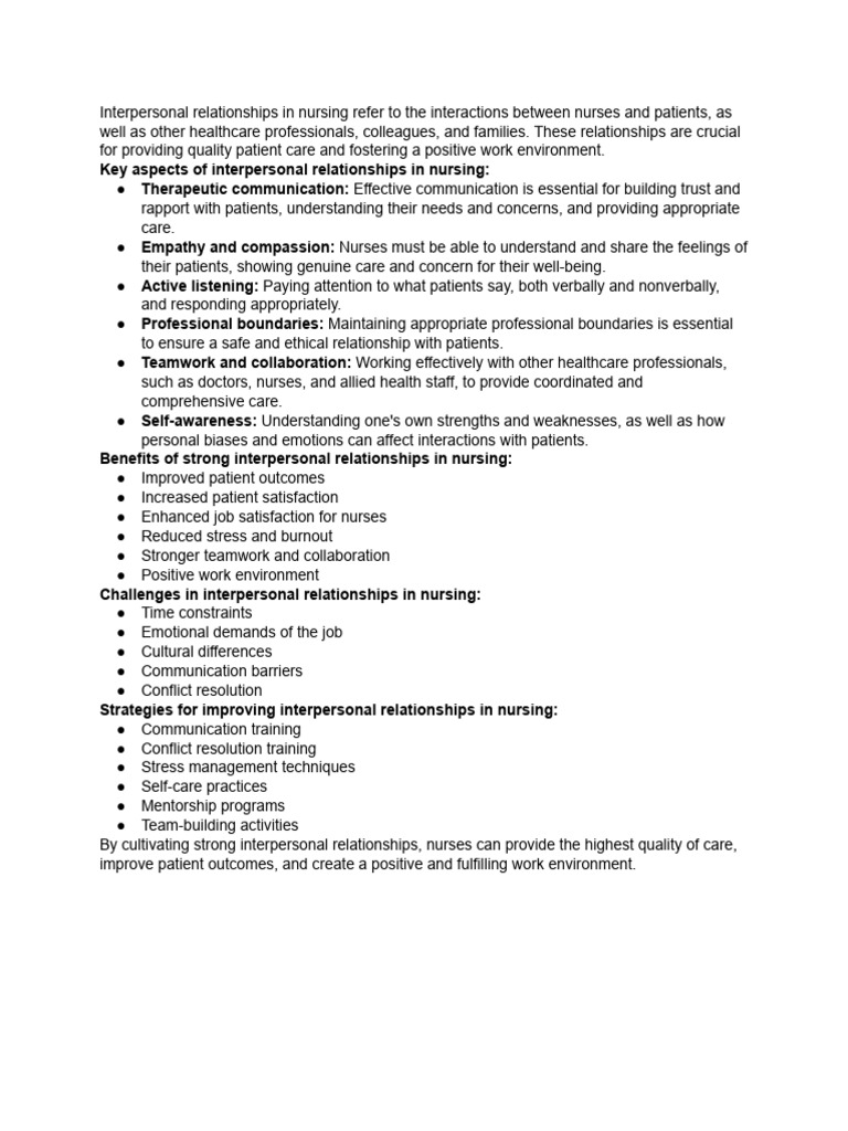 Enhancing Interpersonal Relationships in Nursing | PDF
