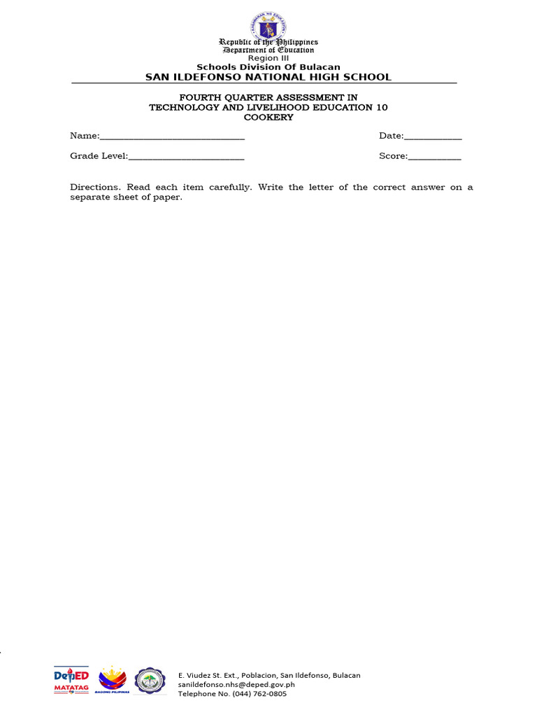 Q4-Test-Questions - Cookery 10 | PDF | Tableware | Meat