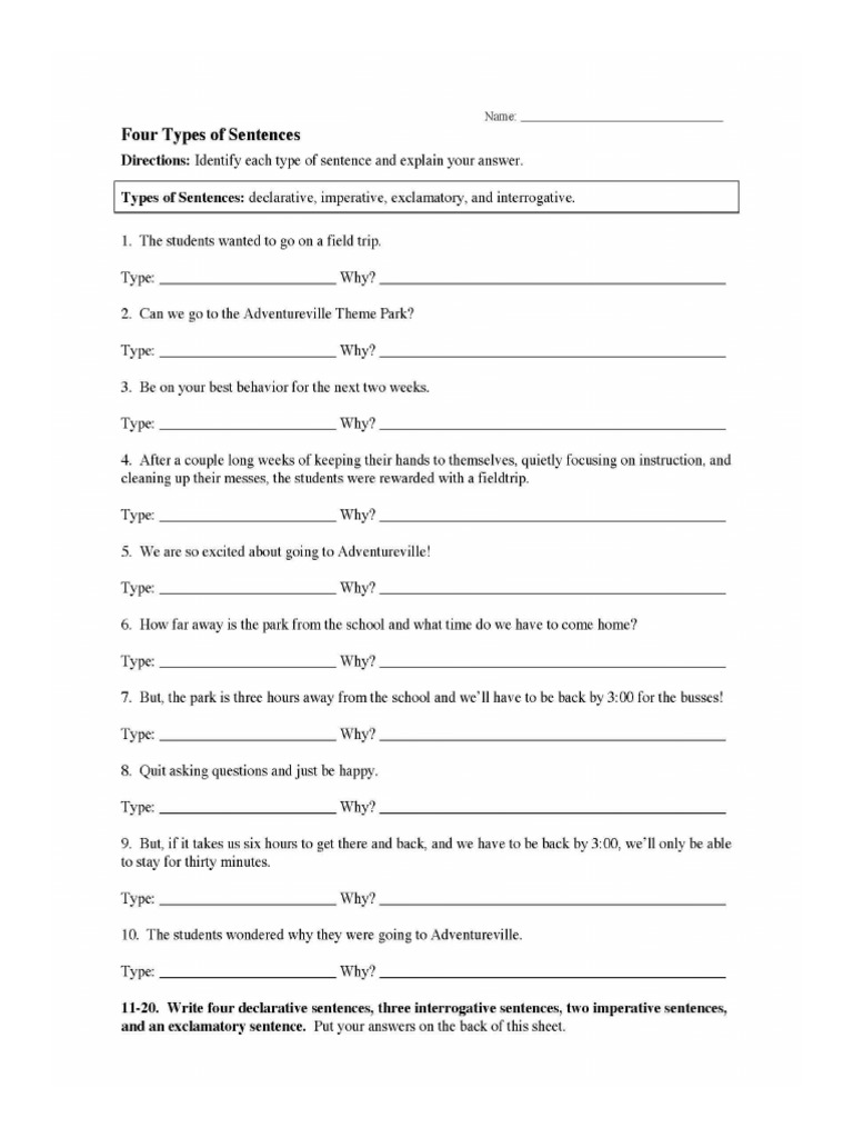 4 Types of Sentences Worksheet | PDF