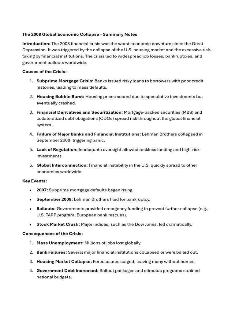 The 2008 Global Economic Collapse | PDF | Great Recession | Subprime ...