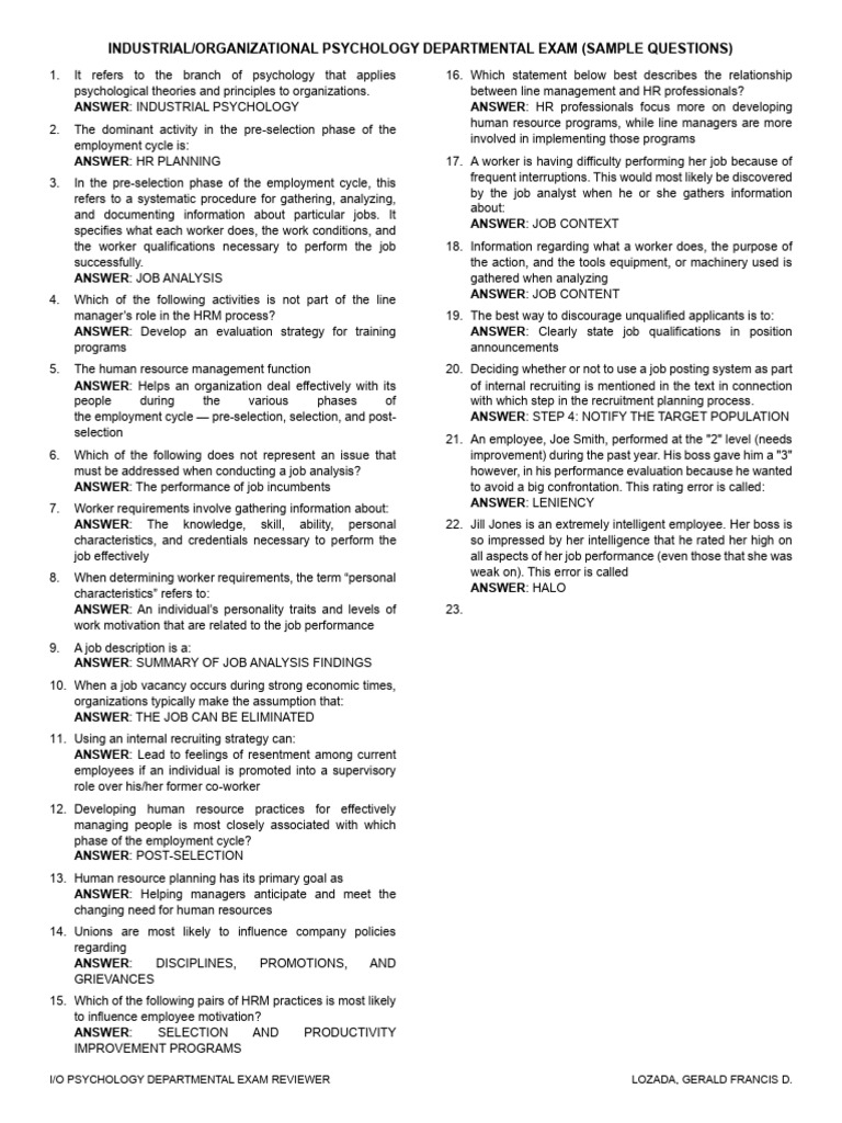I/O Psychology Exam Sample Questions | PDF | Human Resource Management ...