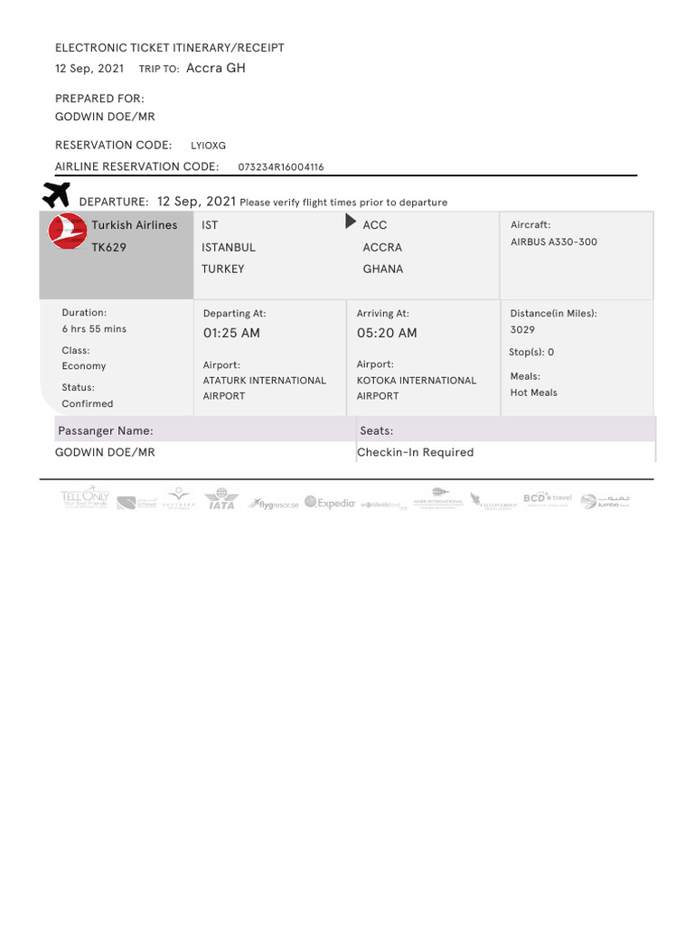 Turkish Airlines Itinerary for Accra Trip | PDF