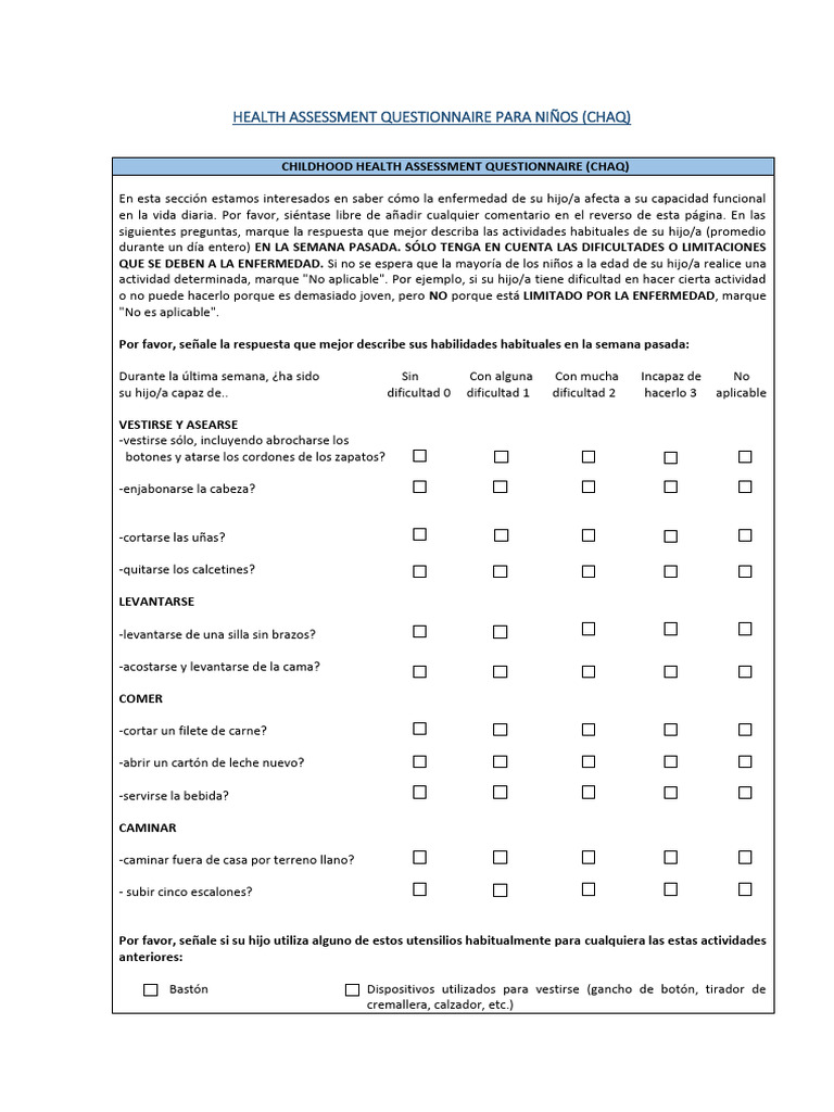 Health Assessment Questionnaire para Niños (Chaq) | PDF