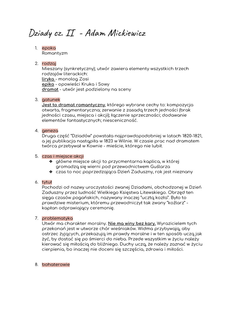 Dziady Cz. II - Adam Mickiewicz Notatki | PDF