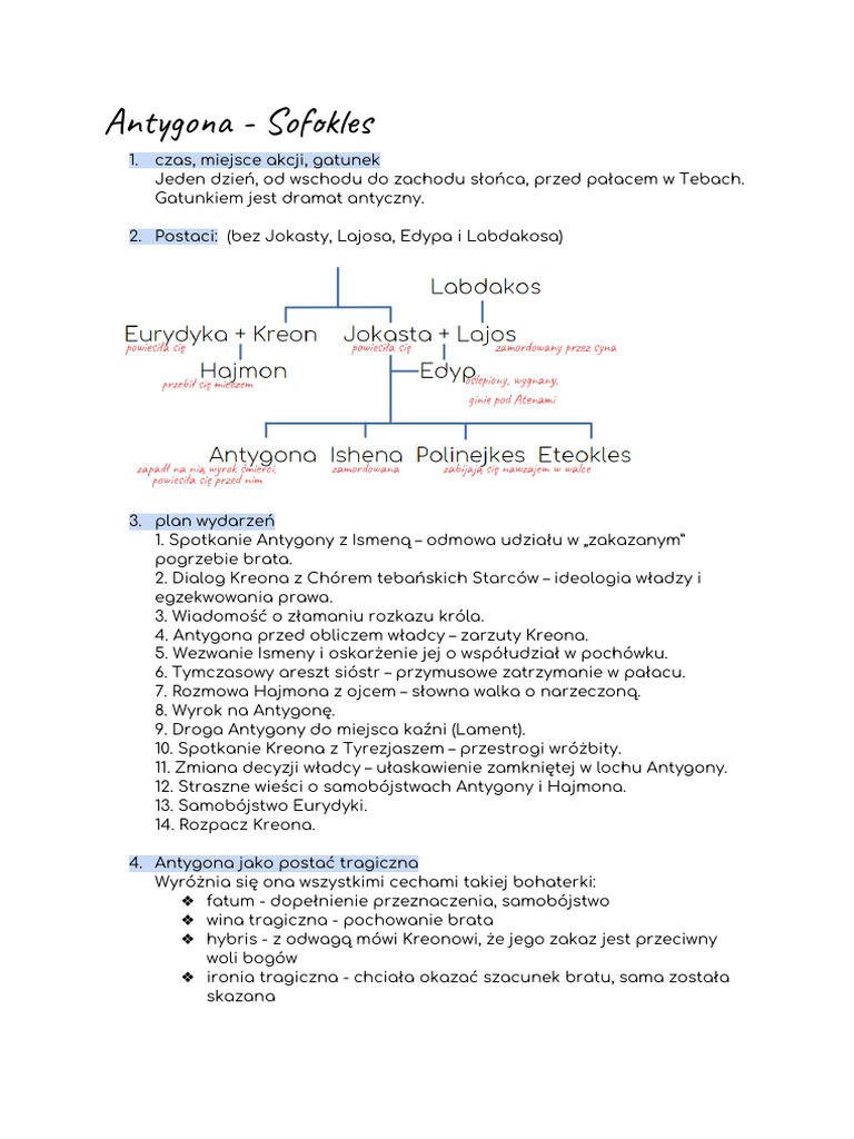 Antygona - Sofokles Notatki | PDF