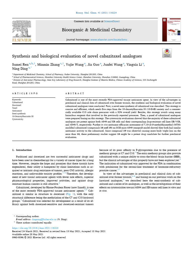 Synthesis and Biological Evaluation of Novel Cabazitaxel Analogues ...