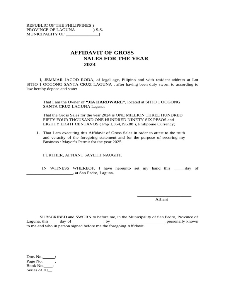 Affidavit of Gross Sales | PDF