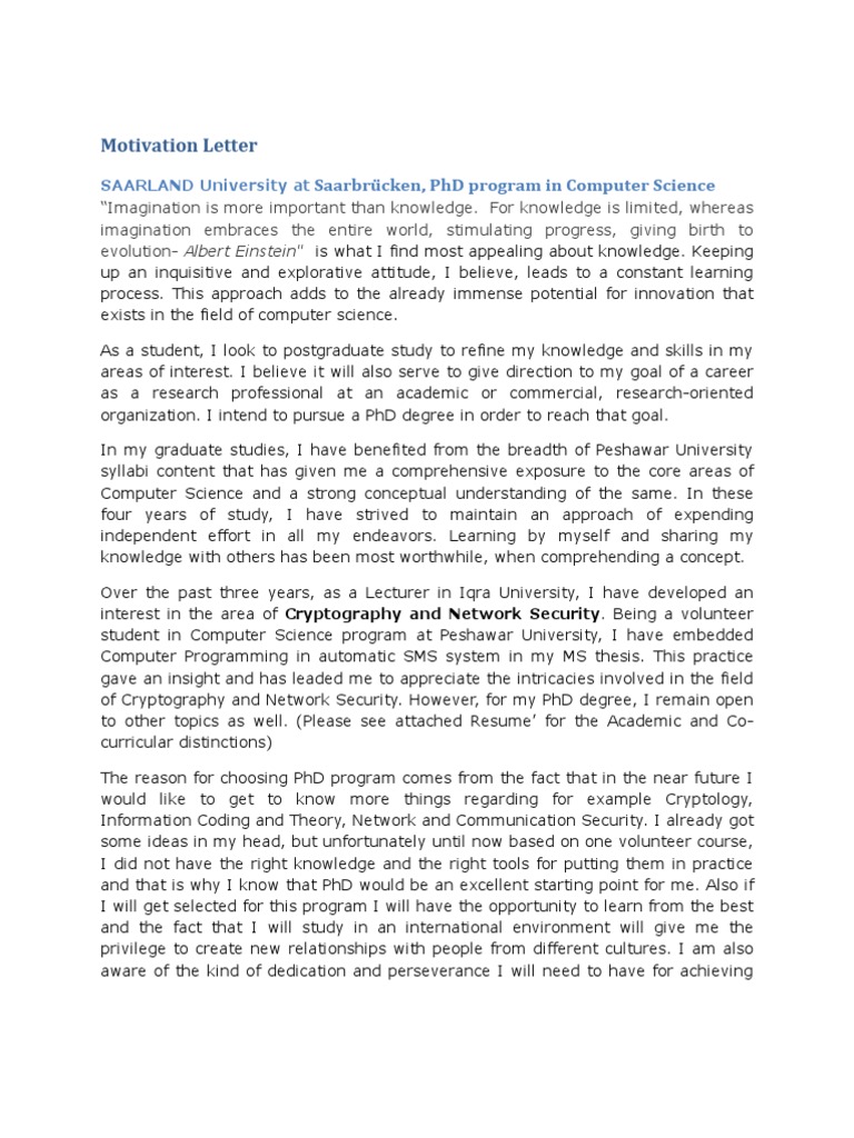 My Letter of Motivation | PDF | Computer Science | Doctor Of Philosophy