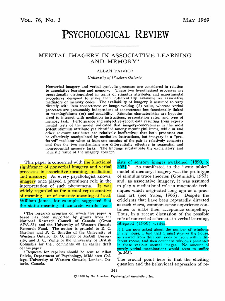 Paivio, A. (1969) - Mental Imagery in Associative Learning and Memory ...