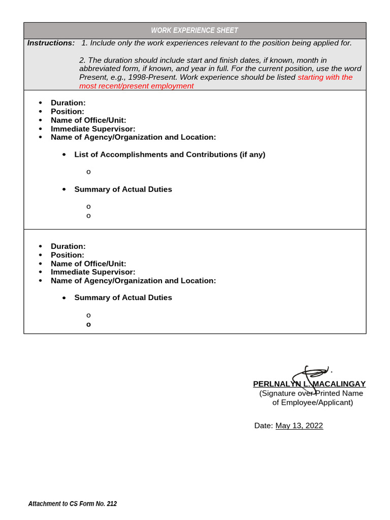 CS Form No. 212 Attachment Work Experience Sheet | PDF