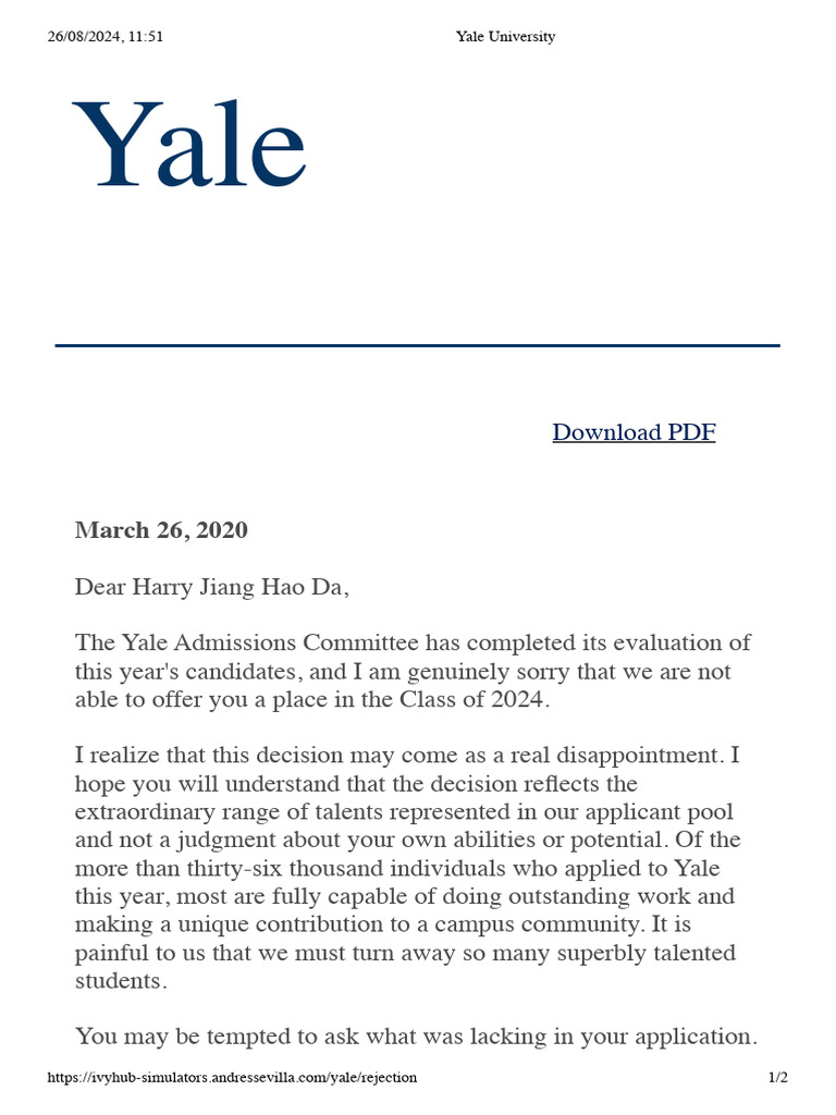 Yale Rejection Letter for 2024 Applicants | PDF