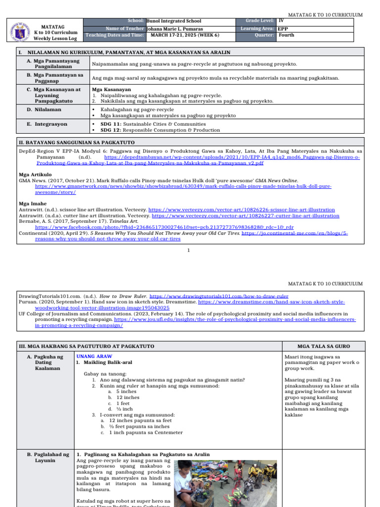 DLL Matatag - Epp 4 Q4 W6 | PDF