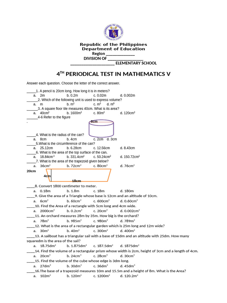 PT - Mathematics 5 - q4 v1 | PDF