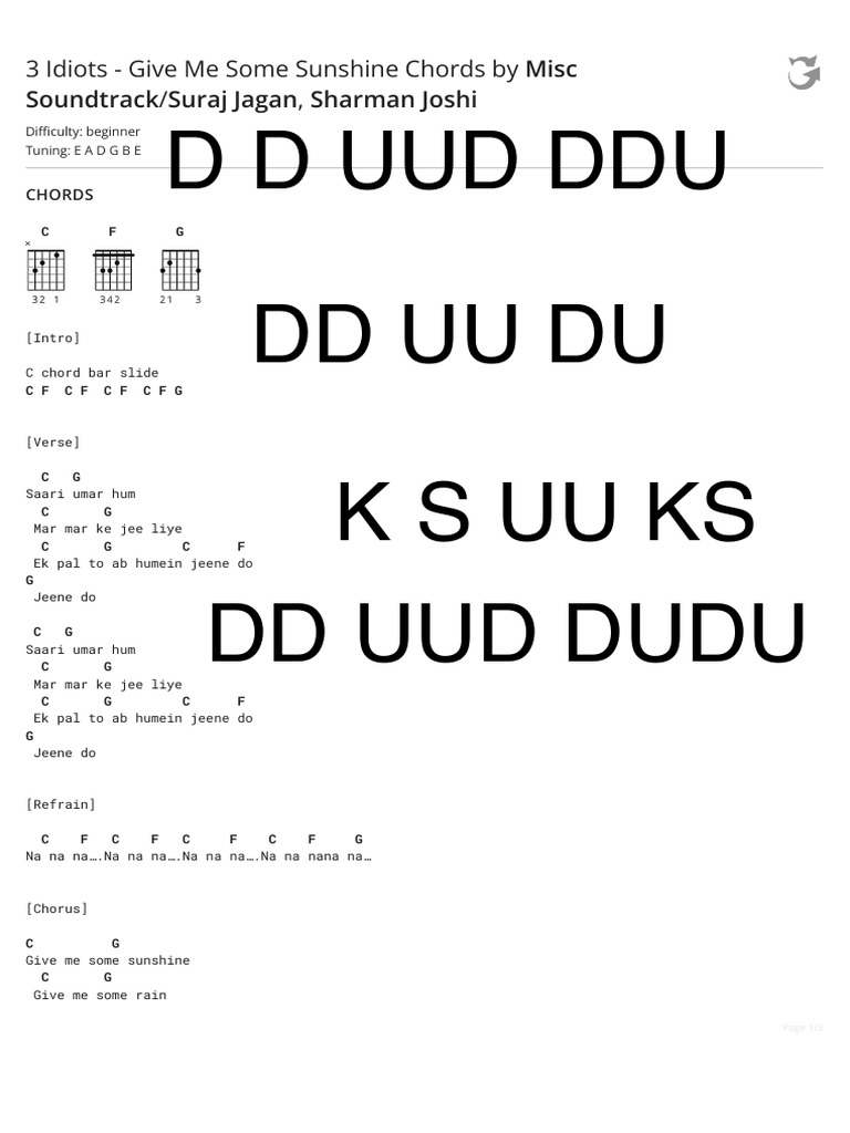 3 Idiots - Give Me Some Sunshine Chords (Ver 3) by Misc Soundtracktabs ...