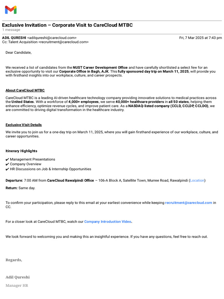Gmail - Exclusive Invitation - Corporate Visit To CareCloud MTBC | PDF | Business | Health Care