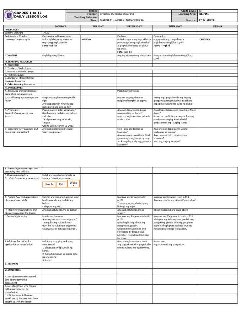DLL - Filipino 3 - Q4 - W8 | PDF