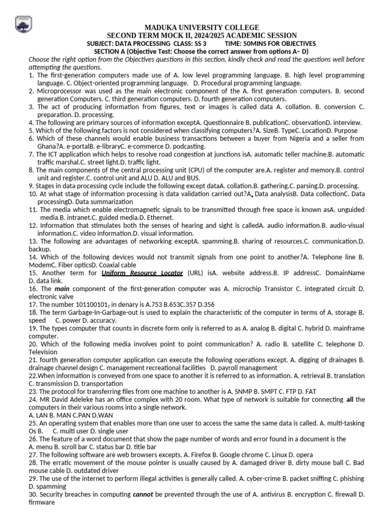 Ss 3 Data Processing Mock 2 Exam 2nd Term | PDF | Computer File | Spreadsheet