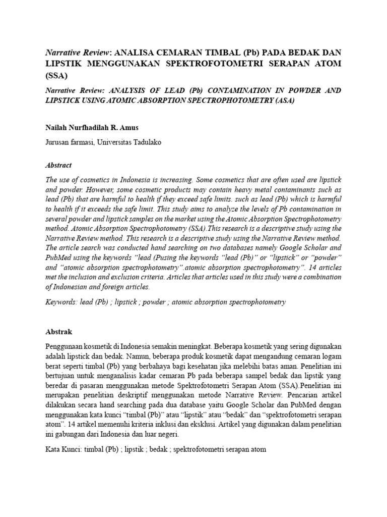 Narrative Review ANALISA CEMARAN TIMBAL (PB) PADA BEDAK DAN LIPSTIK ...