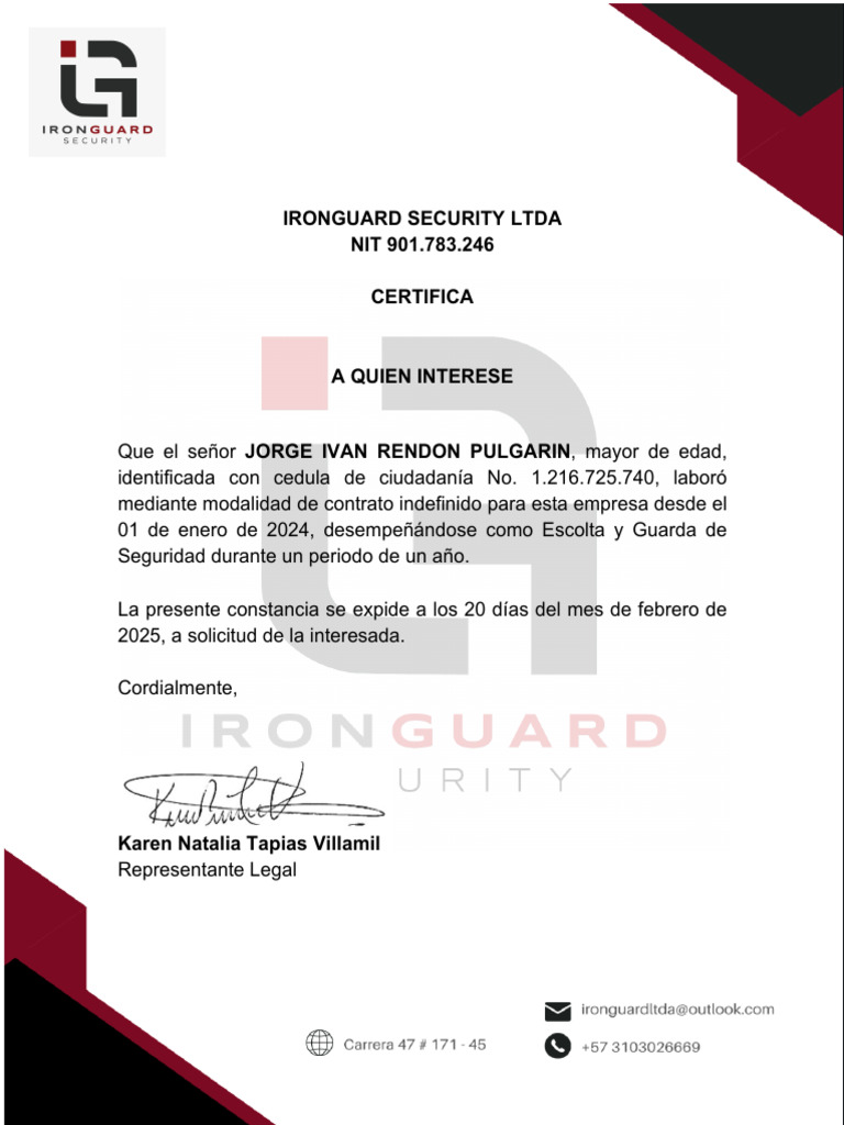 CERTIFICACION LABORAL IRONGUARD | PDF